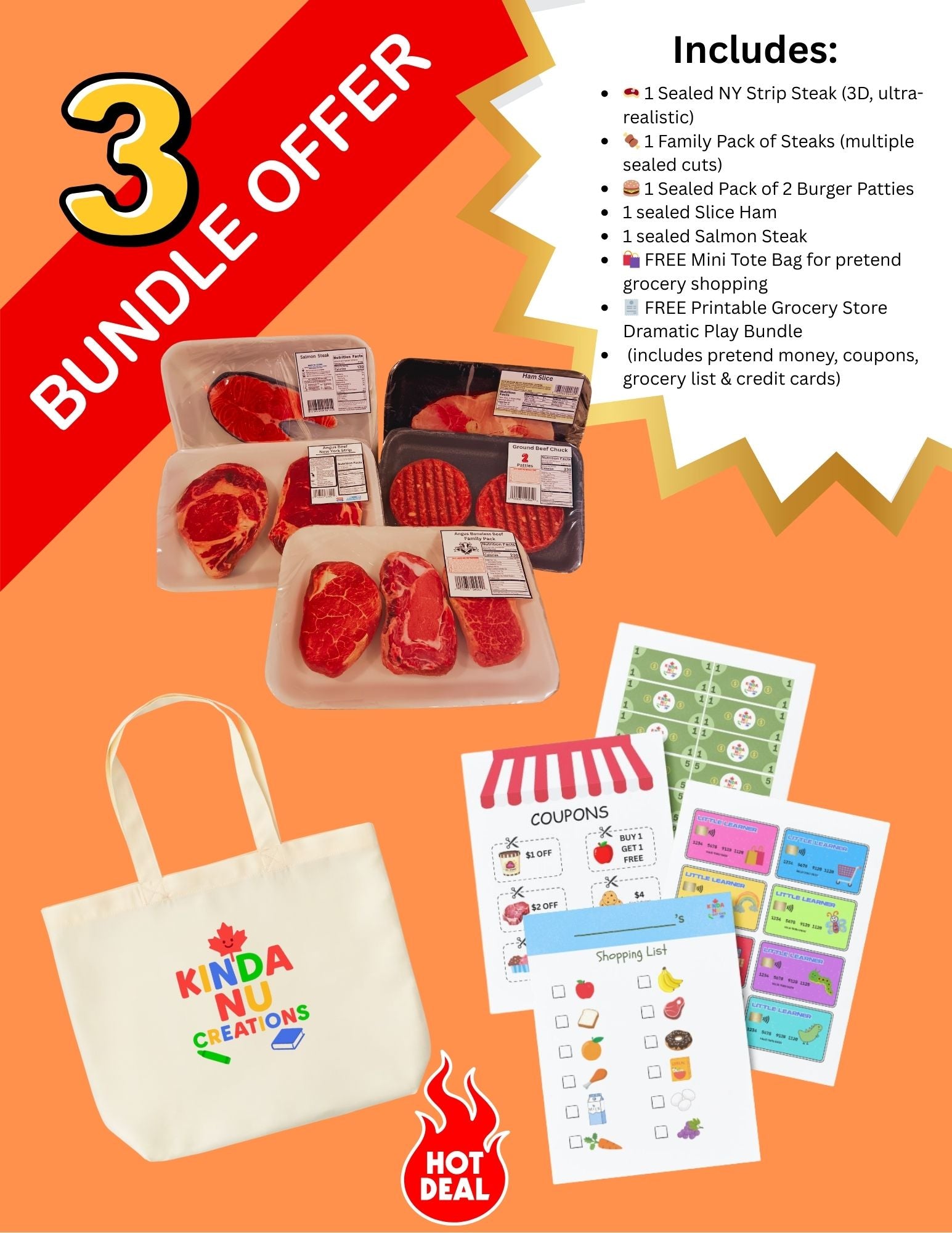 Meat Bundle – 5 Realistic Props + Free Tote & Printables – KindaNuCreations